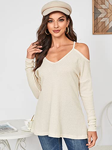 YOINS Pullover Sweaters for Women Jumpers Sexy V Neck Cold Shoulder Long Sleeves Casual Loose Fashion Knitted Tee Tops Blouse NEWVSN001-Beige S