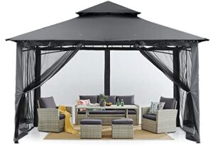 mastercanopy outdoor garden gazebo for patios with stable steel frame and netting walls (10x10,dark gray)