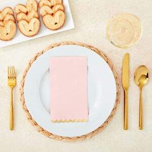 50 Pack Pink Paper Dinner Napkins with Gold Foil Scalloped Edges for Birthday Party, Wedding (3-Ply, 4 x 8 In)