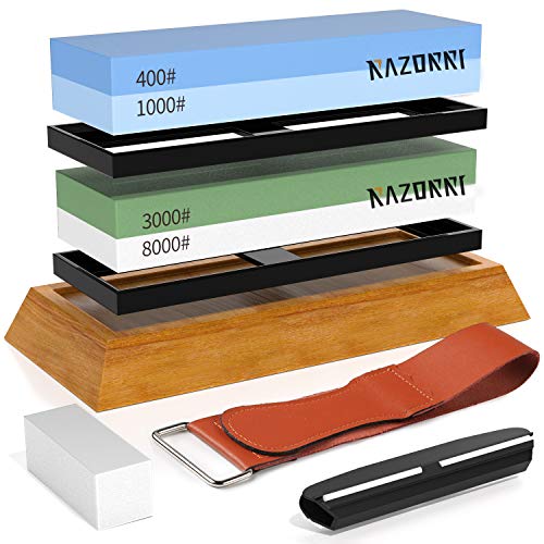 Razorri Knife Sharpening Stone Kit, Double-Sided 400/1000 and 3000/8000 Grit Whetstones, Flattening Stone, Leather Strop, and Angle Guide Included, Sharpen and Polish Any Metal Blade (Flat Base)