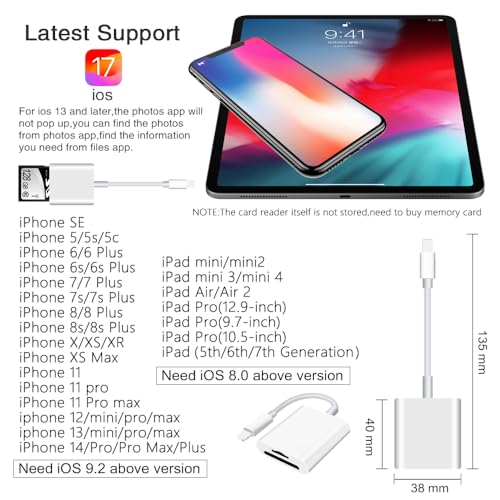 Sd Card Reader for iPhone iPad Camera,Dual Card Slot Memory Card Reader Supports SD and TF Card Trail Camera Viewer Sd Card Adapter Portable Micro Sd Card Reader No Application Required Plug and Play