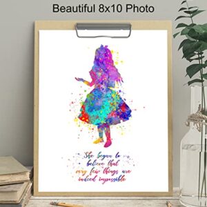 Inspirational Quote - Alice Wonderland Wall Art Print- Great Motivational Gift - Chic Room, Home or Office Decor Poster for Kids or Girls Bedroom - 8x10 Unframed Photo