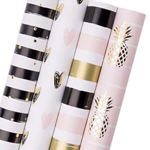 WRAPAHOLIC Wrapping Paper Roll - Pineapple/Heart/Stripes (2 Kinds) Design for Birthday, Valentine's Day, Wedding, Baby Shower - 4 Rolls - 30 inch X 120 inch Per Roll