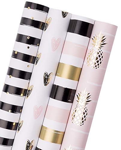 WRAPAHOLIC Wrapping Paper Roll - Pineapple/Heart/Stripes (2 Kinds) Design for Birthday, Valentine's Day, Wedding, Baby Shower - 4 Rolls - 30 inch X 120 inch Per Roll