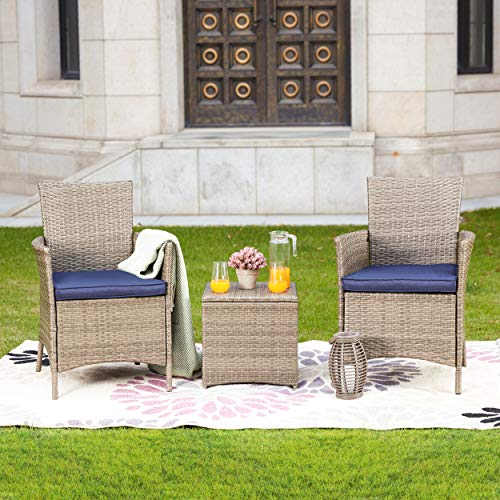 LOKATSE HOME 3 Piece Patio Bistro Set for Porch Outdoor Furniture PE Rattan Wicker Conversation Chairs with Coffee Table, Blue Cushions