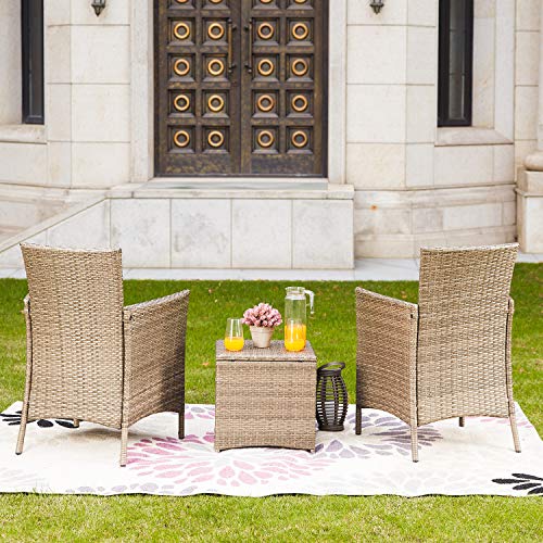 LOKATSE HOME 3 Piece Patio Bistro Set for Porch Outdoor Furniture PE Rattan Wicker Conversation Chairs with Coffee Table, Blue Cushions