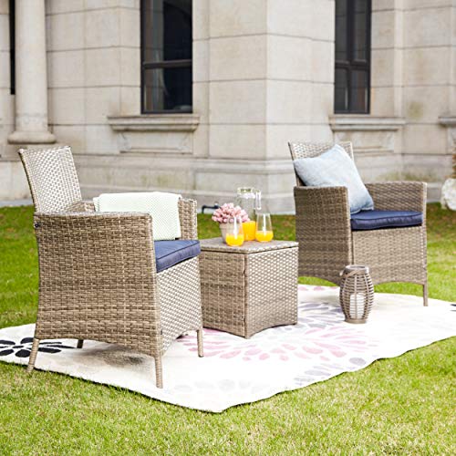 LOKATSE HOME 3 Piece Patio Bistro Set for Porch Outdoor Furniture PE Rattan Wicker Conversation Chairs with Coffee Table, Blue Cushions