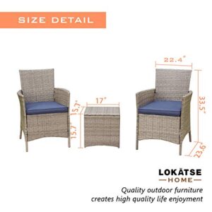 LOKATSE HOME 3 Piece Patio Bistro Set for Porch Outdoor Furniture PE Rattan Wicker Conversation Chairs with Coffee Table, Blue Cushions