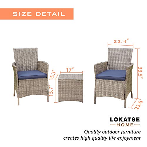 LOKATSE HOME 3 Piece Patio Bistro Set for Porch Outdoor Furniture PE Rattan Wicker Conversation Chairs with Coffee Table, Blue Cushions