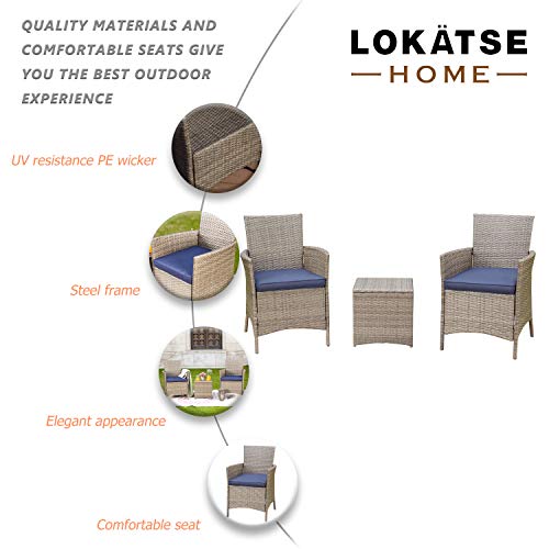 LOKATSE HOME 3 Piece Patio Bistro Set for Porch Outdoor Furniture PE Rattan Wicker Conversation Chairs with Coffee Table, Blue Cushions