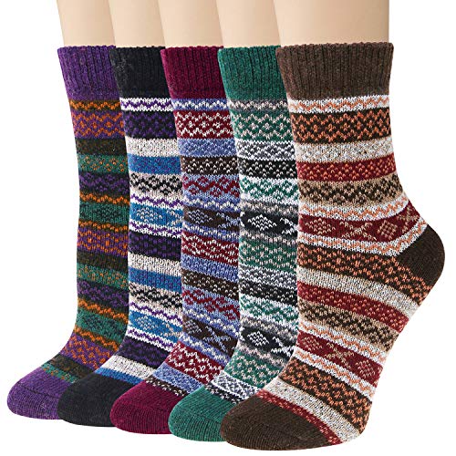 Justay 5 Pairs Womens Wool Socks Vintage Soft Cabin Warm Socks Thick Knit Cozy Winter Socks for Women Gifts