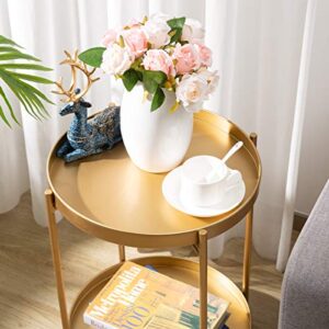 HollyHOME 2-Tier Round Metal End Side Table, Accent Anti-Rust Waterproof Simplistic Sofa Table, Modern Tray Outdoor&Indoor Folding Coffee Table, (D) 15.75" x(H) 20.47", Golden