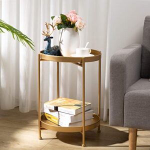 HollyHOME 2-Tier Round Metal End Side Table, Accent Anti-Rust Waterproof Simplistic Sofa Table, Modern Tray Outdoor&Indoor Folding Coffee Table, (D) 15.75" x(H) 20.47", Golden