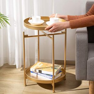 HollyHOME 2-Tier Round Metal End Side Table, Accent Anti-Rust Waterproof Simplistic Sofa Table, Modern Tray Outdoor&Indoor Folding Coffee Table, (D) 15.75" x(H) 20.47", Golden