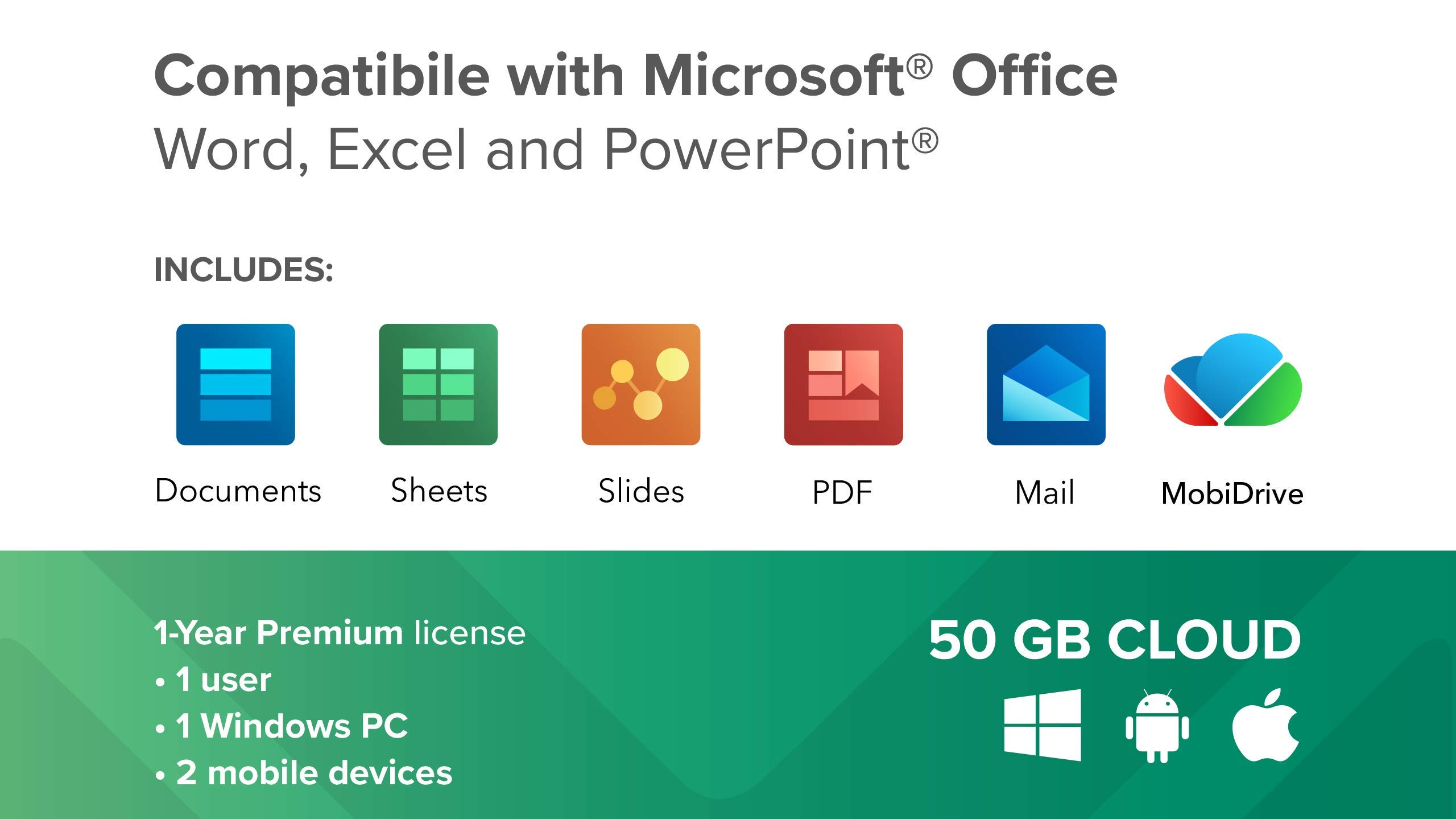 MobiSystems OfficeSuite Personal Compatible with Microsoft® Office Word® Excel® & PowerPoint® and Adobe® PDF - 1 Year License for 1 Windows & 2 Mobile Devices