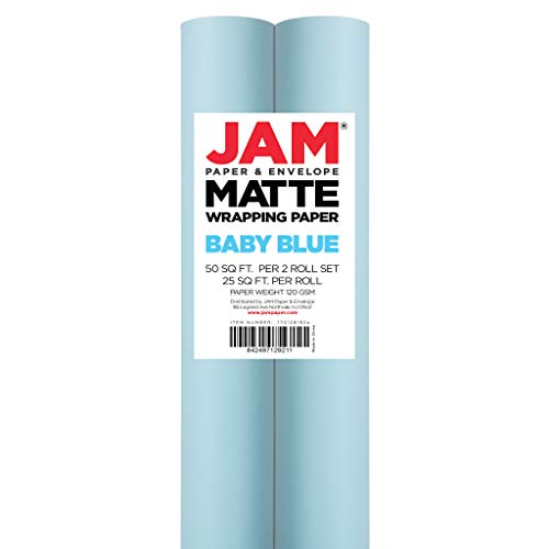 JAM Paper Gift Wrap - Matte Wrapping Paper - 50 Sq Ft Total - Matte Light Baby Blue/Pool Blue - 2 Rolls/Pack