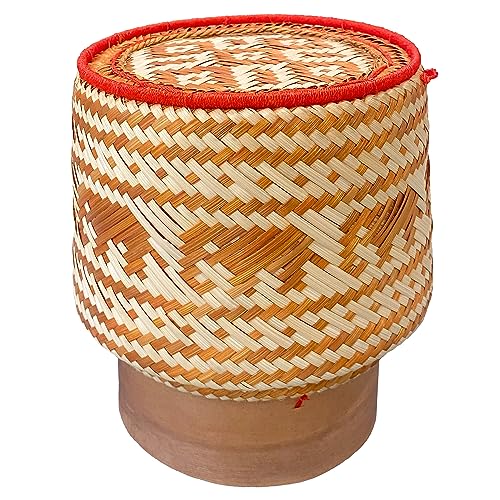 PANWA Handmade 100% Eco-Friendly Thai Bamboo Sticky Rice Serving Basket - Wickerwork with Vegetable Based Dye - Food Safe- Family Size (Elephant)