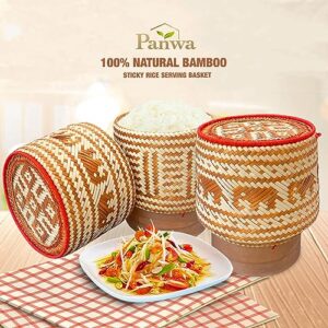 PANWA Handmade 100% Eco-Friendly Thai Bamboo Sticky Rice Serving Basket - Wickerwork with Vegetable Based Dye - Food Safe- Family Size (Elephant)