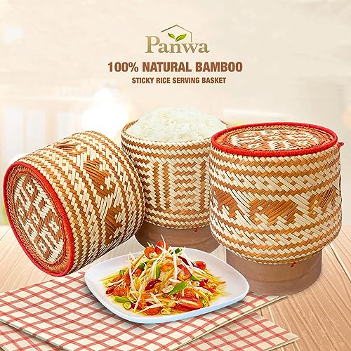 PANWA Handmade 100% Eco-Friendly Thai Bamboo Sticky Rice Serving Basket - Wickerwork with Vegetable Based Dye - Food Safe- Family Size (Elephant)