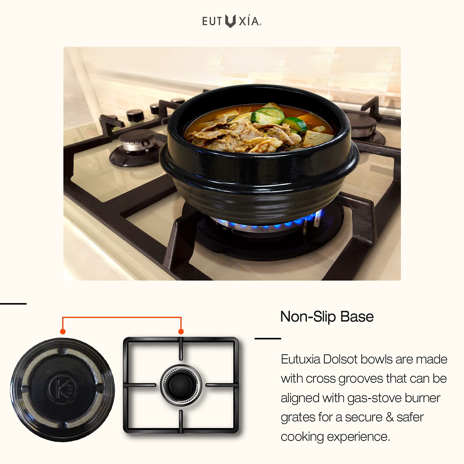 Eutuxia Dolsot Ttukbaegi Stone Bowl with Trivet Tray, Small, Hot Pot for Cooking Soup Stew Jjigae & Any Food, Keep Your Food Hot Until Last Bite, Perfect for Home & Restaurant, Made in Korea