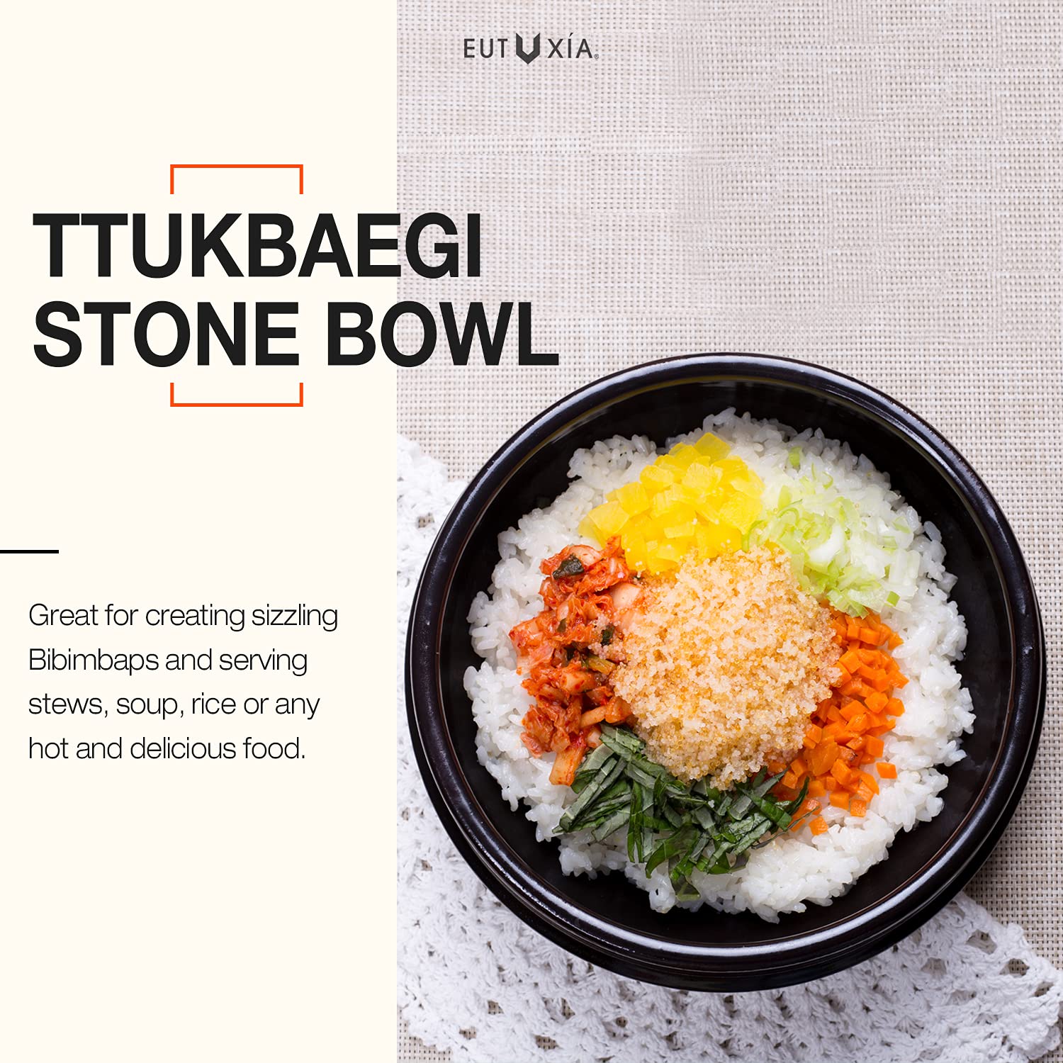 Eutuxia Dolsot Ttukbaegi Stone Bowl with Trivet Tray, Small, Hot Pot for Cooking Soup Stew Jjigae & Any Food, Keep Your Food Hot Until Last Bite, Perfect for Home & Restaurant, Made in Korea