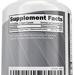 Selenium 200mcg - 365 Vegan Capsules not Tablets - Pure & Yeast Free L-Selenomethionine for Improved Absorption - Thyroid, Heart, and Immune System Support - Antioxidant Trace Mineral - Made in USA