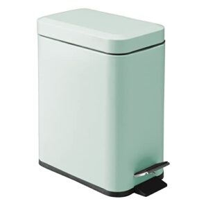 mdesign small modern 1.3 gallon rectangle metal lidded step trash can, compact garbage bin with removable liner bucket and handle for bathroom, kitchen, craft room, office, garage - light mint green