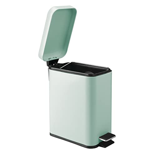 mDesign Small Modern 1.3 Gallon Rectangle Metal Lidded Step Trash Can, Compact Garbage Bin with Removable Liner Bucket and Handle for Bathroom, Kitchen, Craft Room, Office, Garage - Light Mint Green