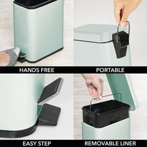 mDesign Small Modern 1.3 Gallon Rectangle Metal Lidded Step Trash Can, Compact Garbage Bin with Removable Liner Bucket and Handle for Bathroom, Kitchen, Craft Room, Office, Garage - Light Mint Green