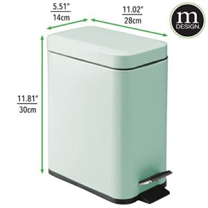 mDesign Small Modern 1.3 Gallon Rectangle Metal Lidded Step Trash Can, Compact Garbage Bin with Removable Liner Bucket and Handle for Bathroom, Kitchen, Craft Room, Office, Garage - Light Mint Green