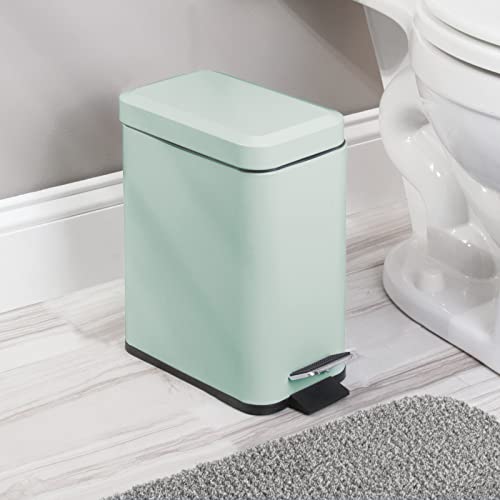 mDesign Small Modern 1.3 Gallon Rectangle Metal Lidded Step Trash Can, Compact Garbage Bin with Removable Liner Bucket and Handle for Bathroom, Kitchen, Craft Room, Office, Garage - Light Mint Green