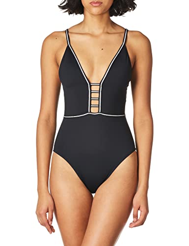 La Blanca Women's Standard Plunge Mio One Piece Swimsuit, Black/White//Zig and Zag, 2