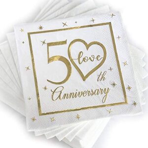 50th anniversary cocktail napkins gold foil print | golden wedding anniversary celebrations party favor supplies & decorations | 50-pack 3-ply | folded 5 x 5 inches disposable paper beverage napkins