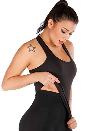 RUNNING GIRL Tank Top for Women, Workout Ribbed Black Sports Bra Racerback Long Tank Tops Loose Fit Plus Size (BX2356 Black.CN:XL,US:L)