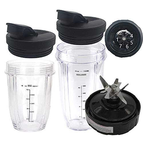 5pcs replacement parts blade with 18oz 24oz cup and lidfor 1200W Nutri Ninja Duo with Auto IQ Model: NN-100 30/NN-100A 30/101 30/NN102 30 and Nutri Ninja BlendMAX DUo with Auto-iQ Boost BL2012/BL2013