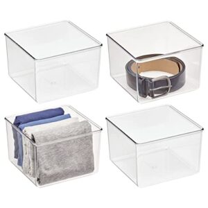 mdesign plastic drawer organizer square box, storage organizer bin container; for closets, bedrooms, use for leggings, socks, ties, jewelry, accessories - lumiere collection - 4 pack - clear