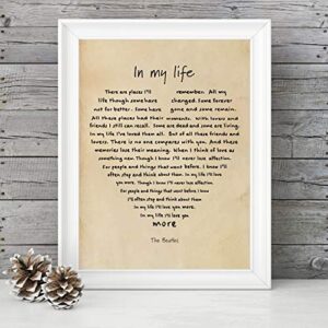 The Beatles - In My Life | Unique Word Art Music Decor Wall Art, This Ready to Frame Music Wall Art Poster Print is Good For Music Room, Office, Studio, And Man Cave Room Decor, Unframed - 8 * 10”