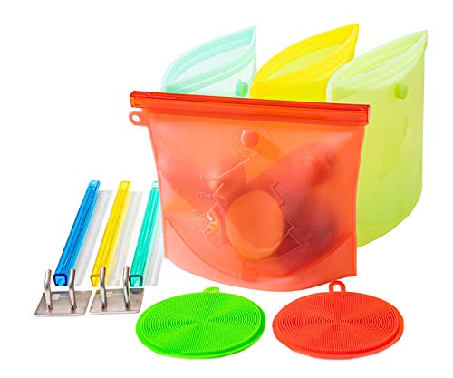 EBKORD Useful Set of 4 | 4 Reusable Eco Silicone Airtight Seal Storage Food Bags | 2 Multiuse Silicone Sponge for Kitchen or Bathroom | 2 Resistant Multi Surfaces 3M Stainless Steel Wall Hanger