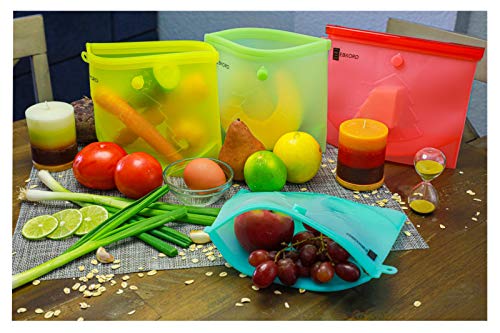 EBKORD Useful Set of 4 | 4 Reusable Eco Silicone Airtight Seal Storage Food Bags | 2 Multiuse Silicone Sponge for Kitchen or Bathroom | 2 Resistant Multi Surfaces 3M Stainless Steel Wall Hanger