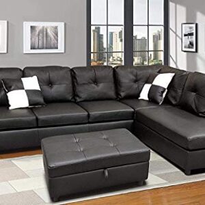 FlashBuy Sofa Sectional Sofa, L-Shape Faux Leather Sectional Sofa Couch Set with Chaise, Ottoman, 2 Toss Pillow Using for Living Room Furniture.（Black）