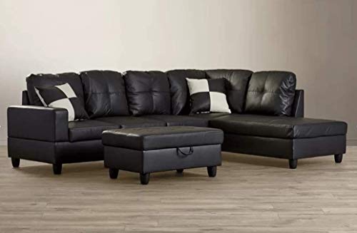 FlashBuy Sofa Sectional Sofa, L-Shape Faux Leather Sectional Sofa Couch Set with Chaise, Ottoman, 2 Toss Pillow Using for Living Room Furniture.（Black）