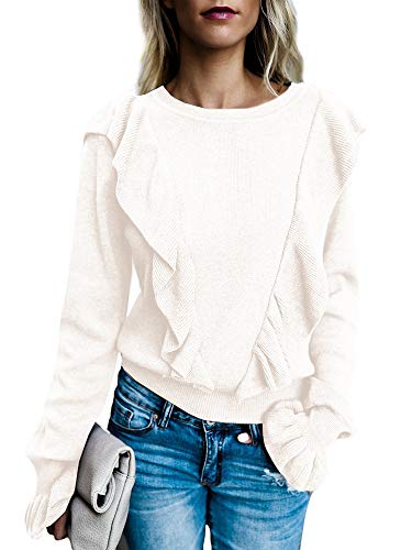 Valphsio Women's Long Sleeve Rib Ruffle Front Sweater Crewneck Puff Shirt Pullover Cute Tops (Large, White)