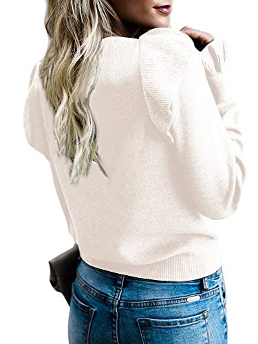 Valphsio Women's Long Sleeve Rib Ruffle Front Sweater Crewneck Puff Shirt Pullover Cute Tops (Large, White)