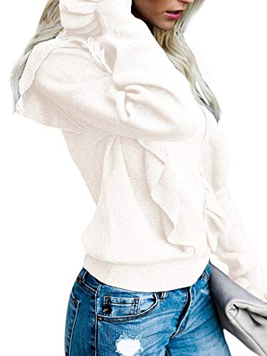 Valphsio Women's Long Sleeve Rib Ruffle Front Sweater Crewneck Puff Shirt Pullover Cute Tops (Large, White)