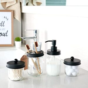 Mason Jar Bathroom Accessories Set(4 Pcs) -Lotion Soap Dispenser &Cotton Swab &Toothbrush Holder Set, Apothecary Jars Vanity Organizer-Rustic Farmhouse Decor (Black)