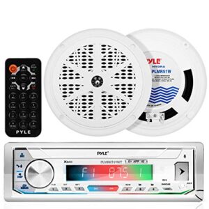 pyle bluetooth marine receiver stereo & speaker kit - 300w single din boat marine head unit, mic, hands-free calling, aux, mp3/usb/sd, am/fm radio, remote control - plmrkt49wt (white)