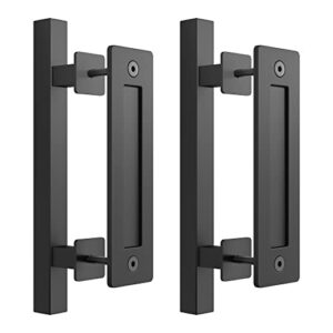 skysen 2 pack 12" barn door handles, sliding barn door pull handle, no gap flat plate design- heavy duty- square- easy to install- matt black (685-2)