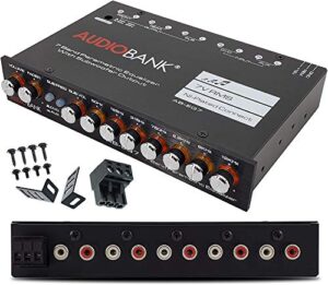 audiobank eq7 1/2 din 7 band car audio equalizer eq w/front, rear/frequency adjustable /3 rca input for portable devices + subwoofer output built-in 43-120hz, 60-200hz