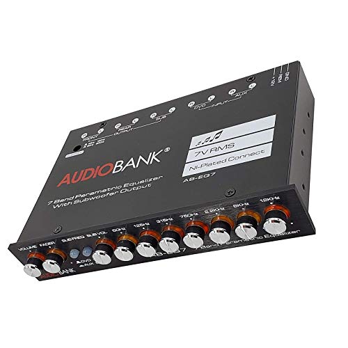 Audiobank EQ7 1/2 Din 7 Band Car Audio Equalizer EQ w/Front, Rear/Frequency Adjustable /3 RCA Input for Portable Devices + Subwoofer Output Built-in 43-120Hz, 60-200Hz