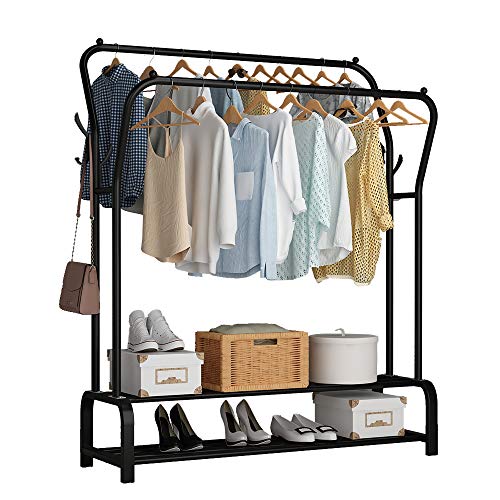 UDEAR Garment Rack Freestanding Hanger Double Rods Multi-functional Bedroom Clothing Rack, Double layer ，4 Hooks，Black